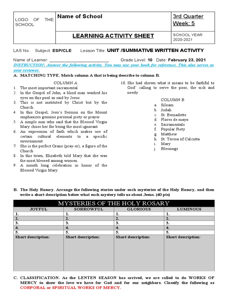 Grade 10 Unit and Summative Written Activity | PDF | Mary, Mother Of ...
