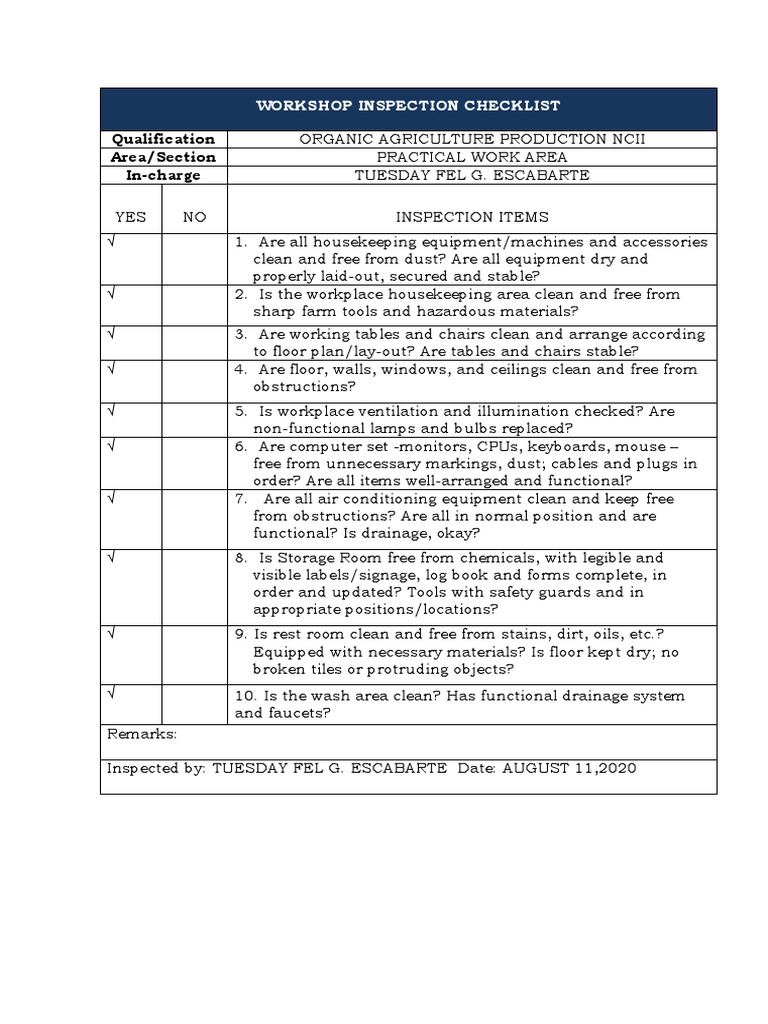 Workshop Inspection Checklist Template | PDF