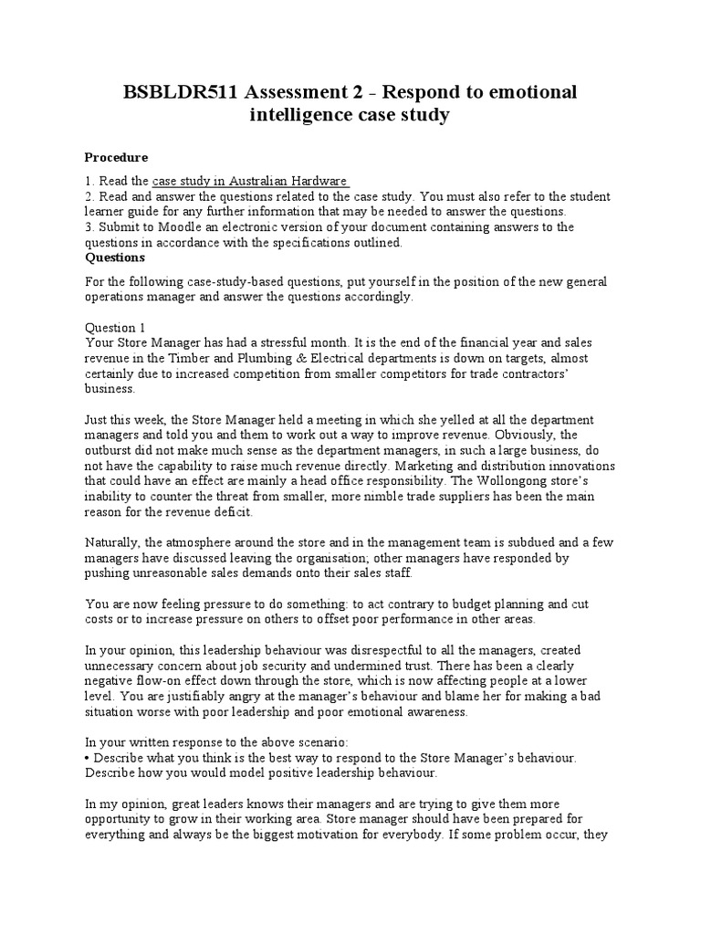BSBLDR511 Assessment 2 - Respond To Emotional Intelligence Case Study ...