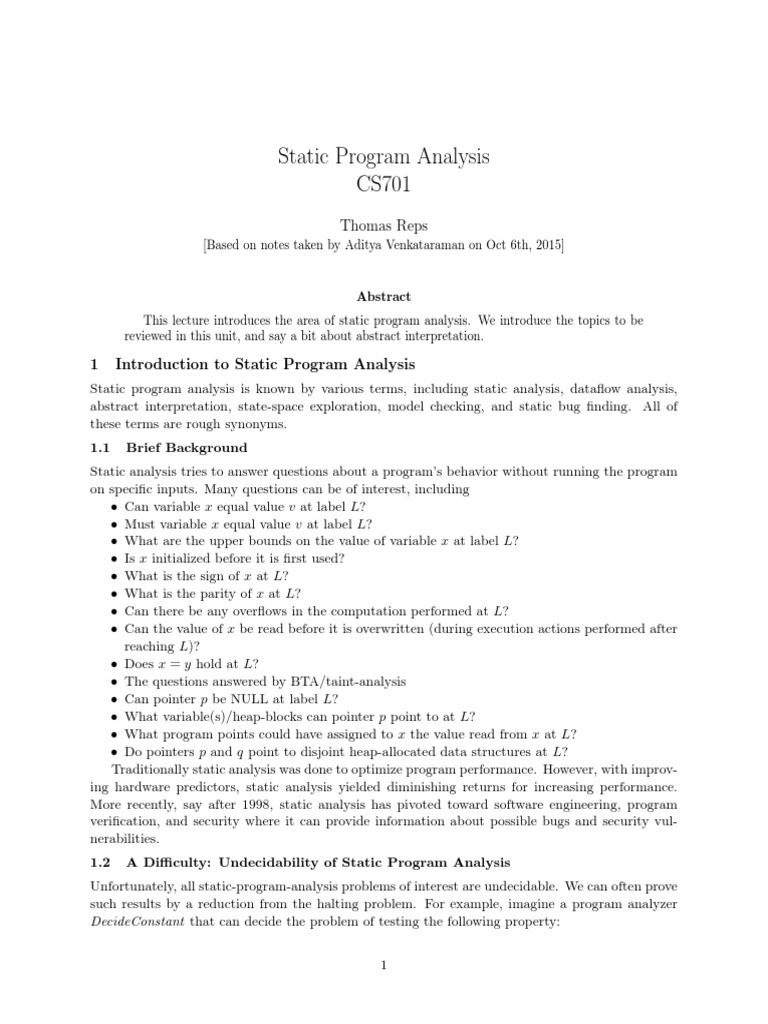 Static Program Analysis CS701: Thomas Reps | PDF | Function ...
