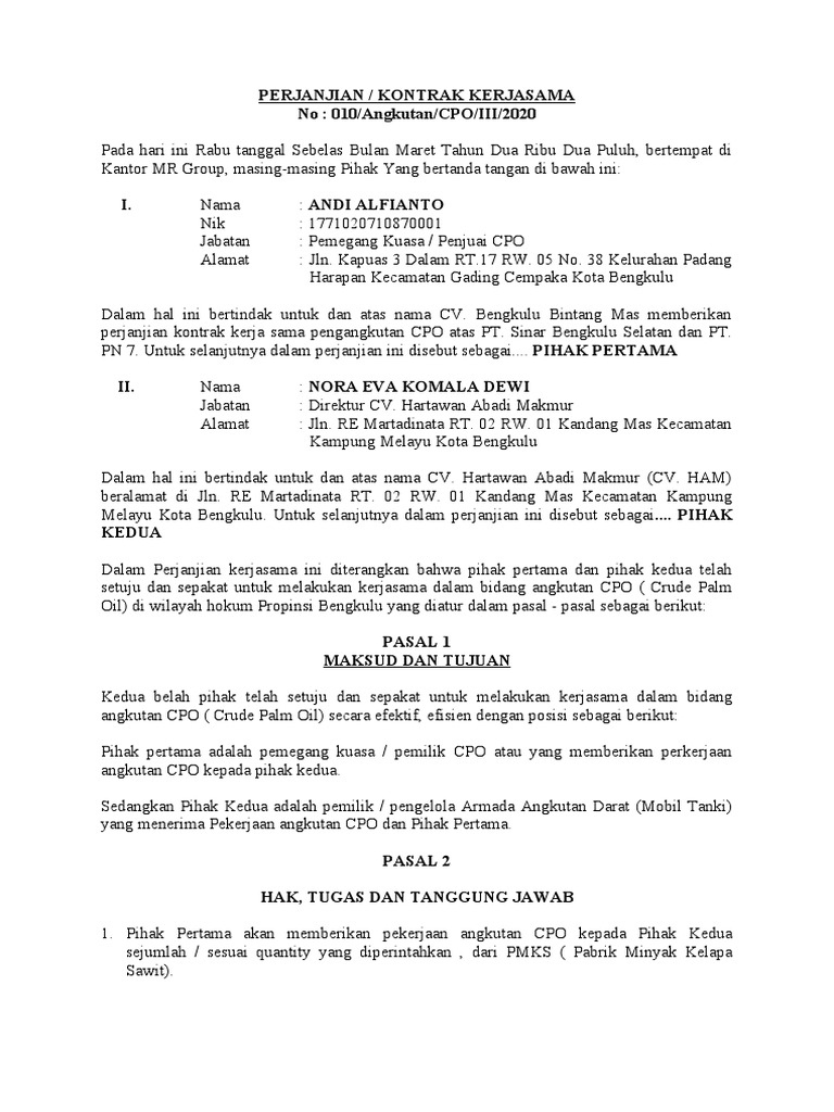 Kontrak Kerjasama Pengangkutan CPO | PDF