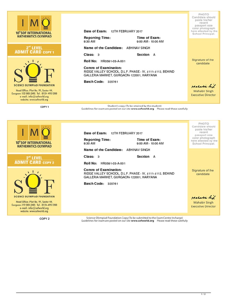 Admit Card - IMO Level-02 | PDF