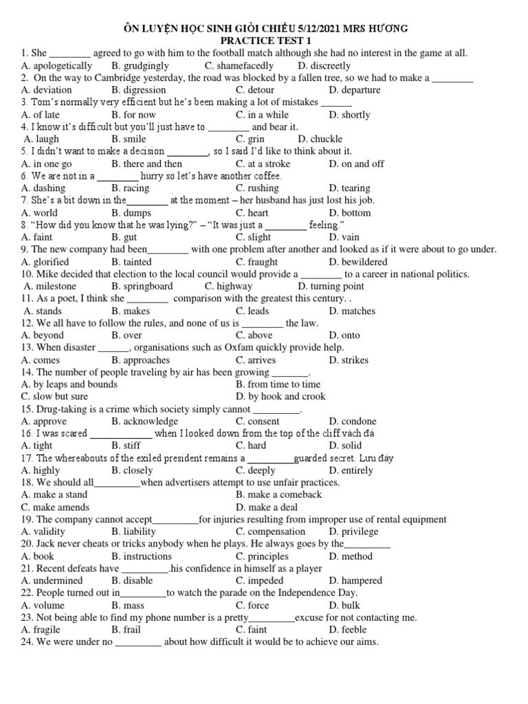 LEXCICO - IDIOMS - PHRASAL VERB BÀI TẬP ÔN HSG CHIỀU 5-12-2021 | PDF