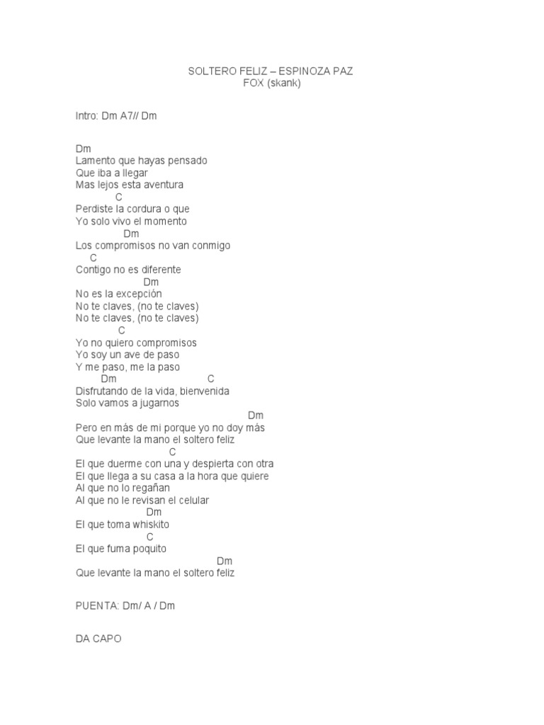 Letra y acordes de "Soltero Feliz" | PDF