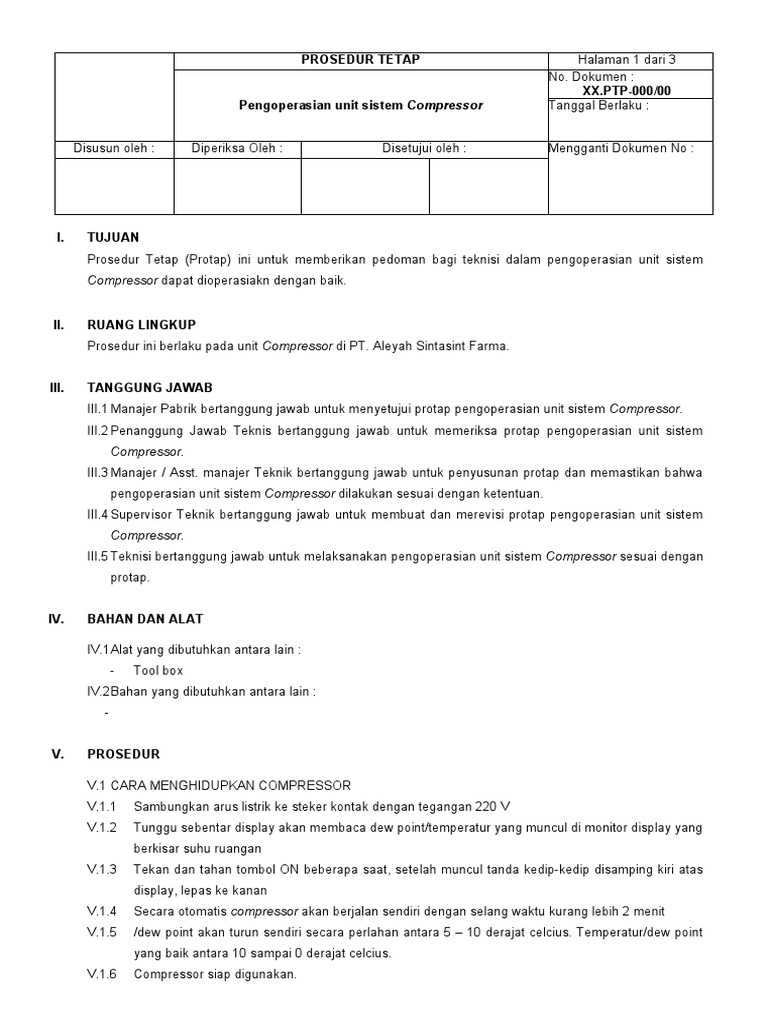 Draft Protap Pengoperasian Unit Sistem Compressor | PDF