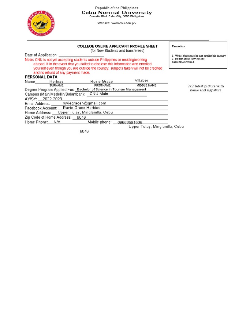 College Online Applicant Profile Sheet | PDF