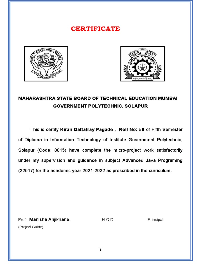 Certificate: Maharashtra State Board of Technical Education Mumbai ...
