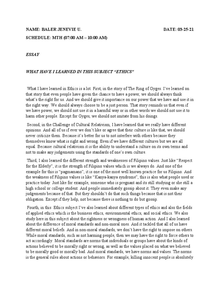 What I Have Learned in Ethics (Essay) | PDF | Morality | Value (Ethics)