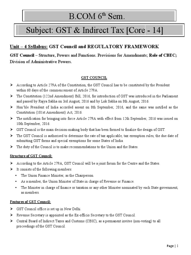 Sem. Subject: GST & Indirect Tax (Core - 14) : Unit - 4 Syllabus: GST ...