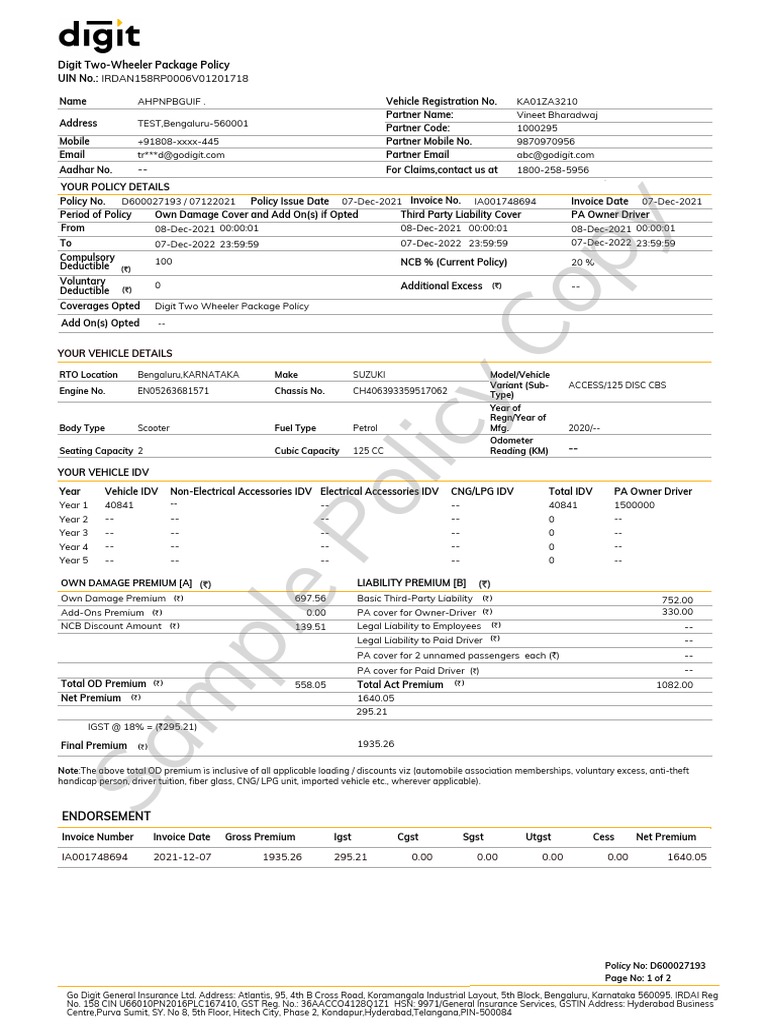 Digit Two-Wheeler Insurance Policy Details | PDF | Insurance ...