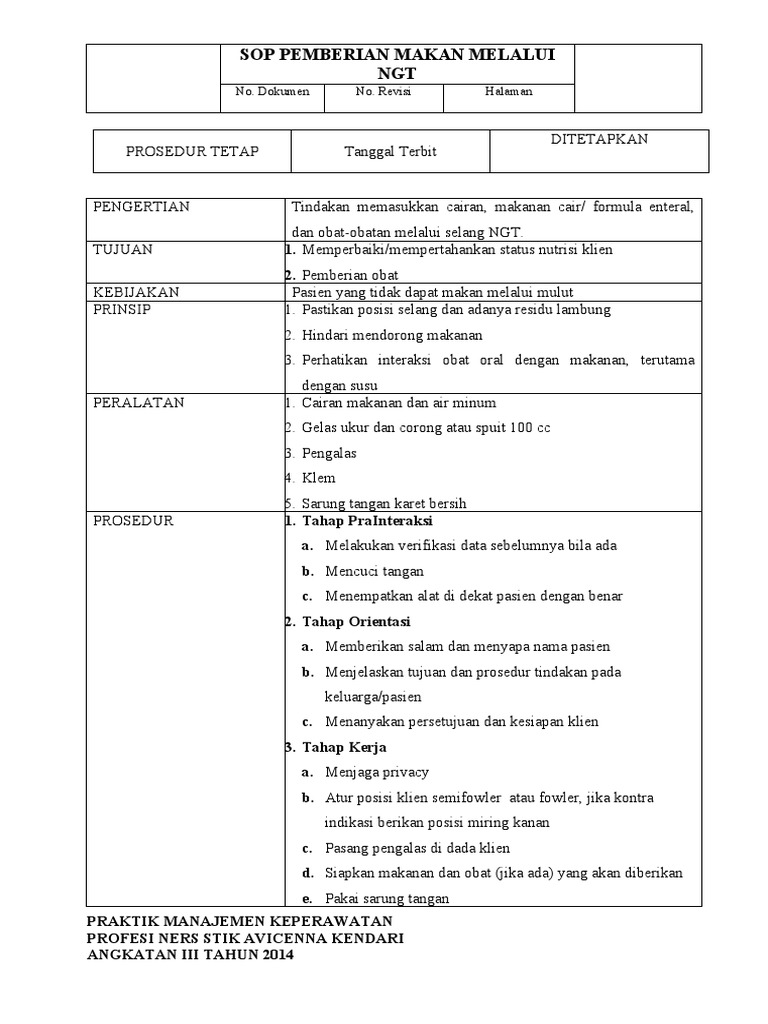 Sop Pemberian Makan Melalui NGT | PDF