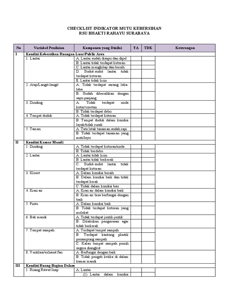 Checklist Indikator Mutu Kebersihan Rumah Sakit | PDF