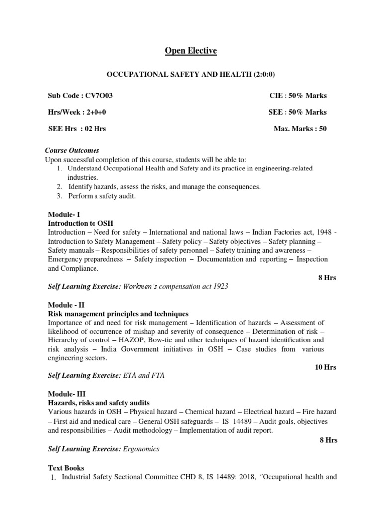 Open Elective: Course Outcomes | PDF | Occupational Safety And Health ...