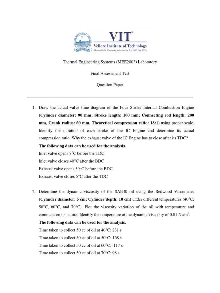 MEE2003 Laboratory FAT Question Paper | PDF | Diesel Engine | Refrigeration