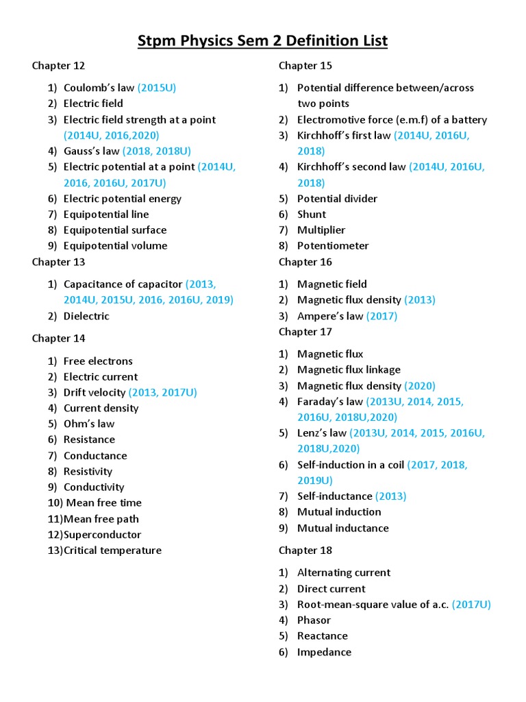 STPM Physics Sem 2 Definition List | PDF | Electrical Resistivity And Conductivity | Electric ...