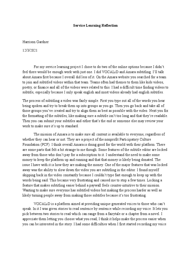 Service Learning Reflection | PDF | Communication