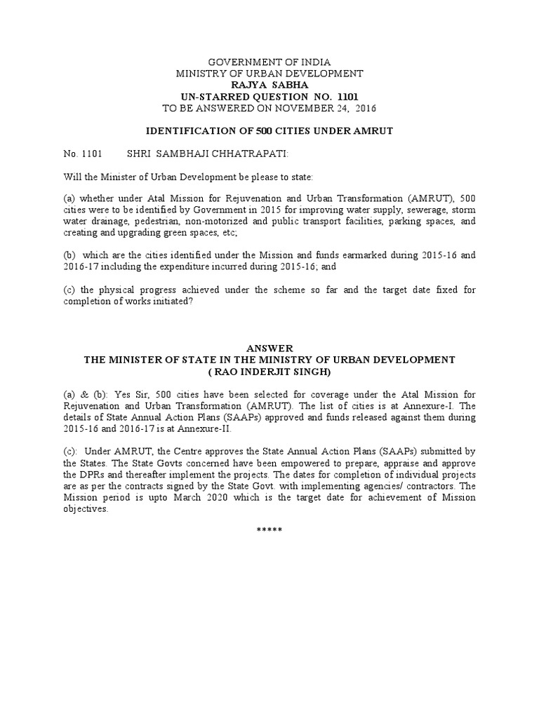 Identification of 500 Cities Under AMRUT | PDF | Economy Of India ...