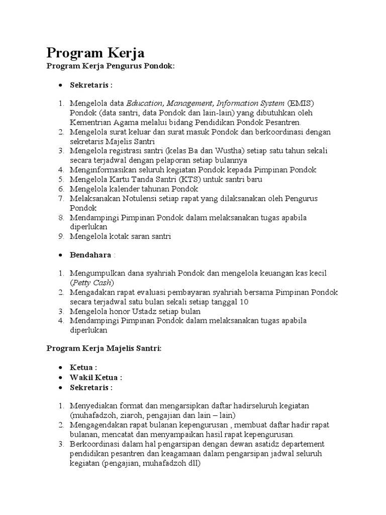 Program Kerja Pengurus Pondok Pesantren | PDF