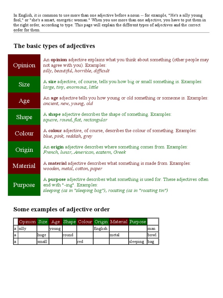 Adjective Order in English Explained | PDF