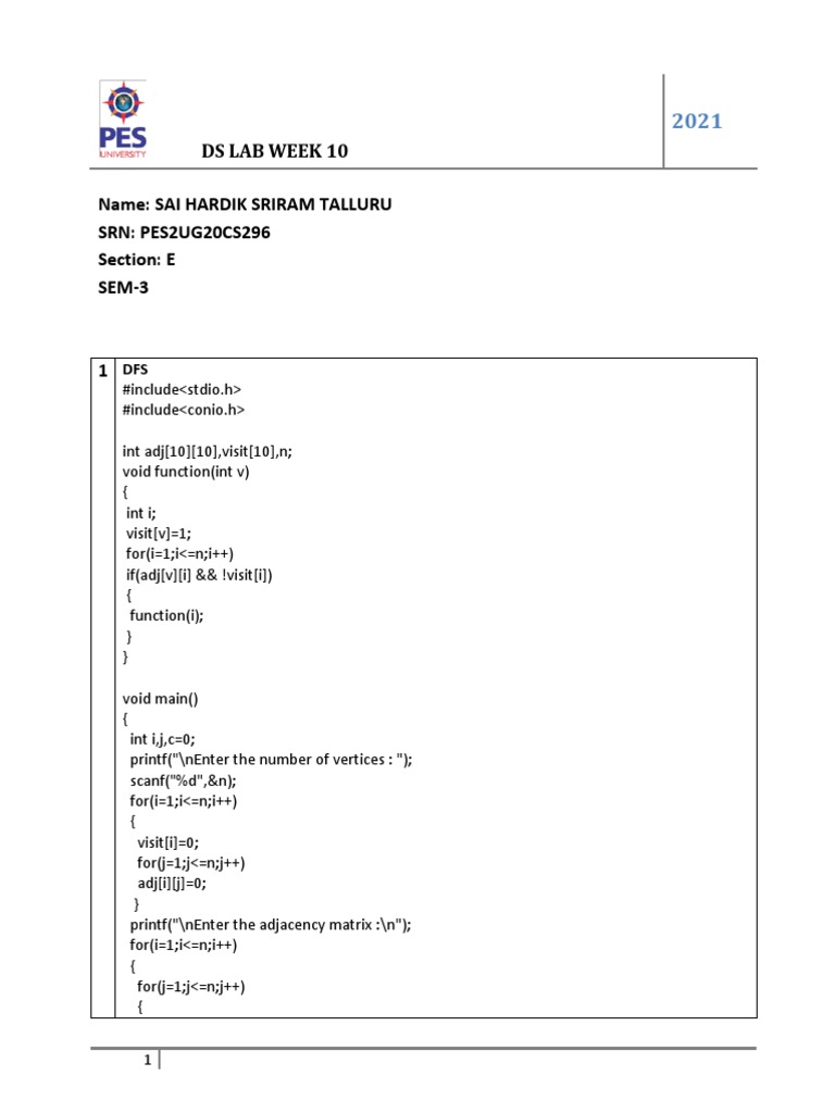 Pes2ug20cs296 Sai Hardik Ds Lab Week 10 | PDF | Applied Mathematics | Graph Theory