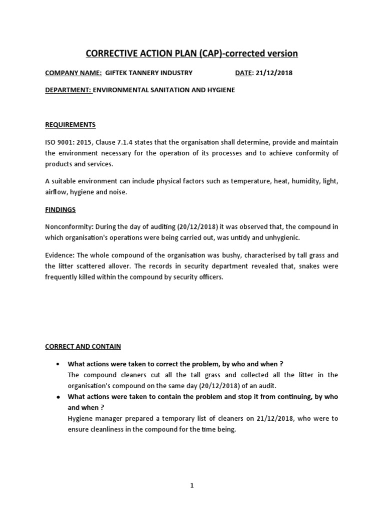 CORRECTIVE ACTION PLAN (CAP) - Corrected Version | PDF | Hygiene | Audit