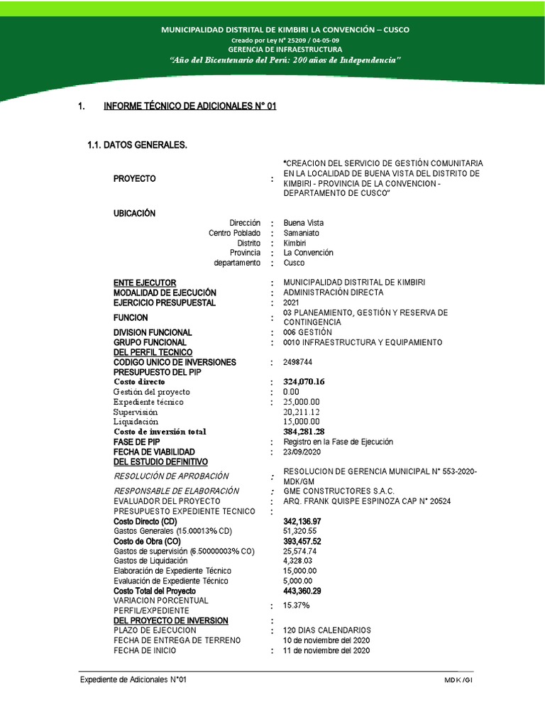 Informe Técnico de Adicional de Obra | PDF | Hormigón | Presupuesto