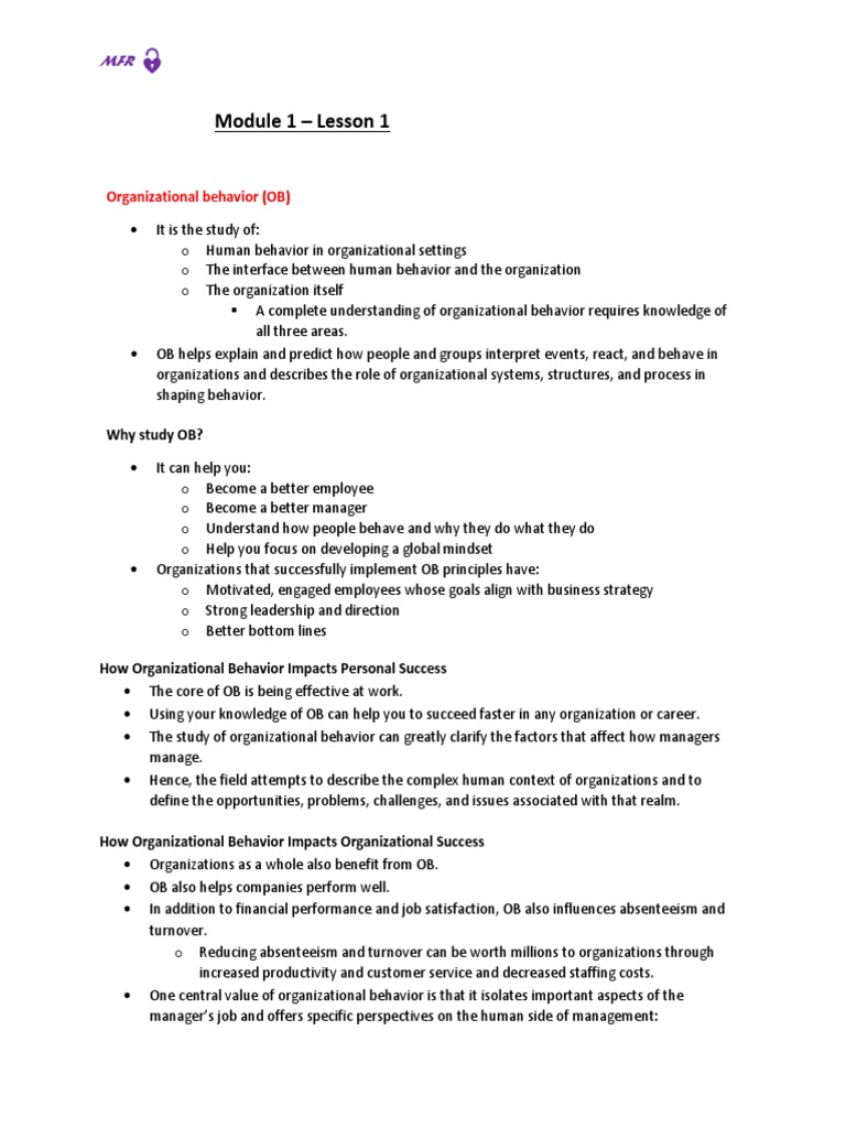 HBO - Module 1 Lesson 1 | PDF | Organizational Behavior | Competitive Advantage