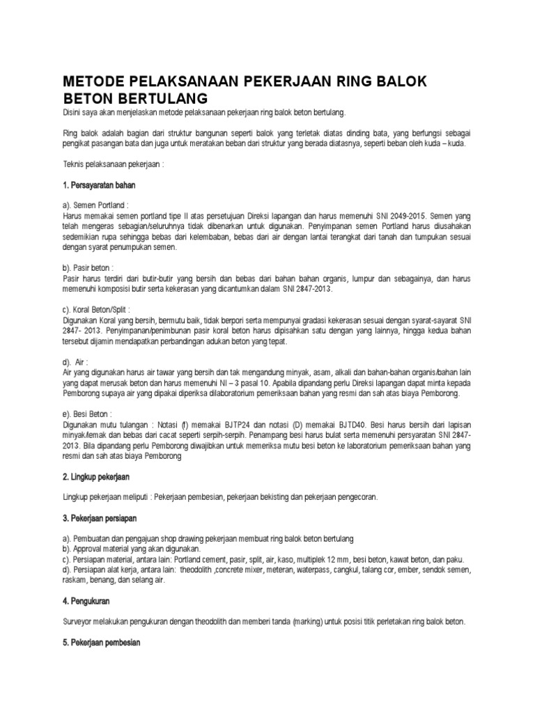 Metode Pelaksanaan Pekerjaan Ring Balok Beton Bertulang | PDF