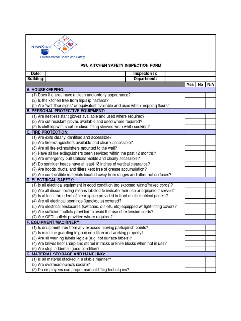 Kitchen Safety Inspection Checklist | PDF | Occupational Safety And ...