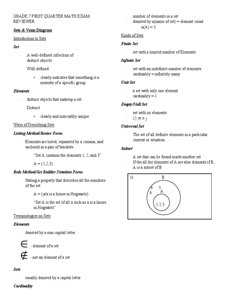 Grade 7 Math 1st Quarter Reviewer | PDF | Set (Mathematics ...