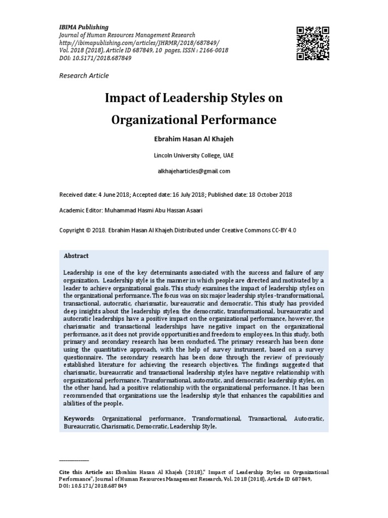 Impact of Leadership Style On Performance of Organization | PDF ...