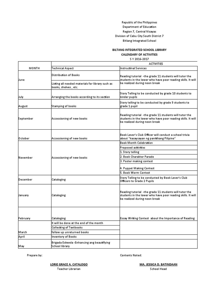 Calendar of Activities of School Library | PDF | School Library | Libraries