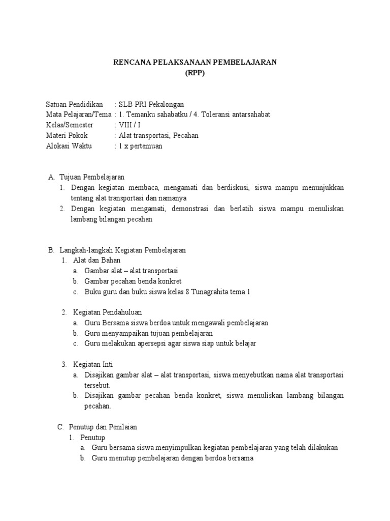RPP Subtema 4, Tema 1, Kelas8 Tunagrahita | PDF | Karier & Perkembangan