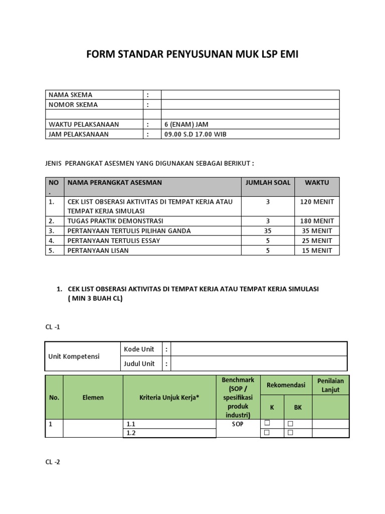 Form Standar Penyusunan Muk LSP Emi | PDF