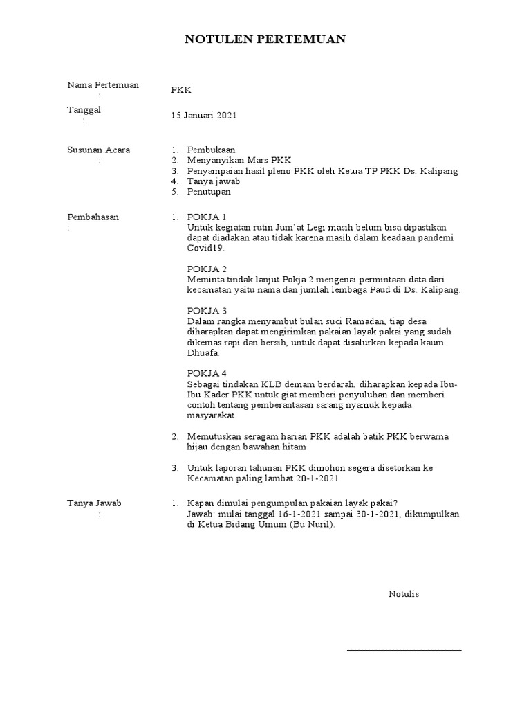 Notulen Pertemuan PKK | PDF
