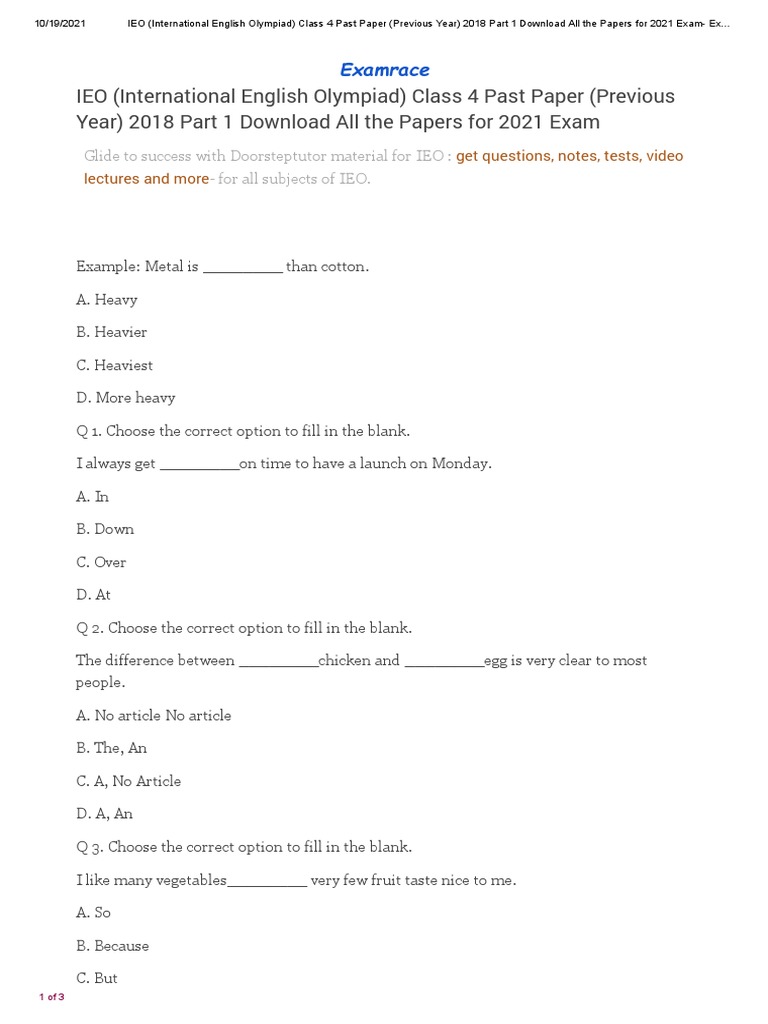IEO Class 4 Paper 2018 Part 1 | PDF | Test (Assessment)