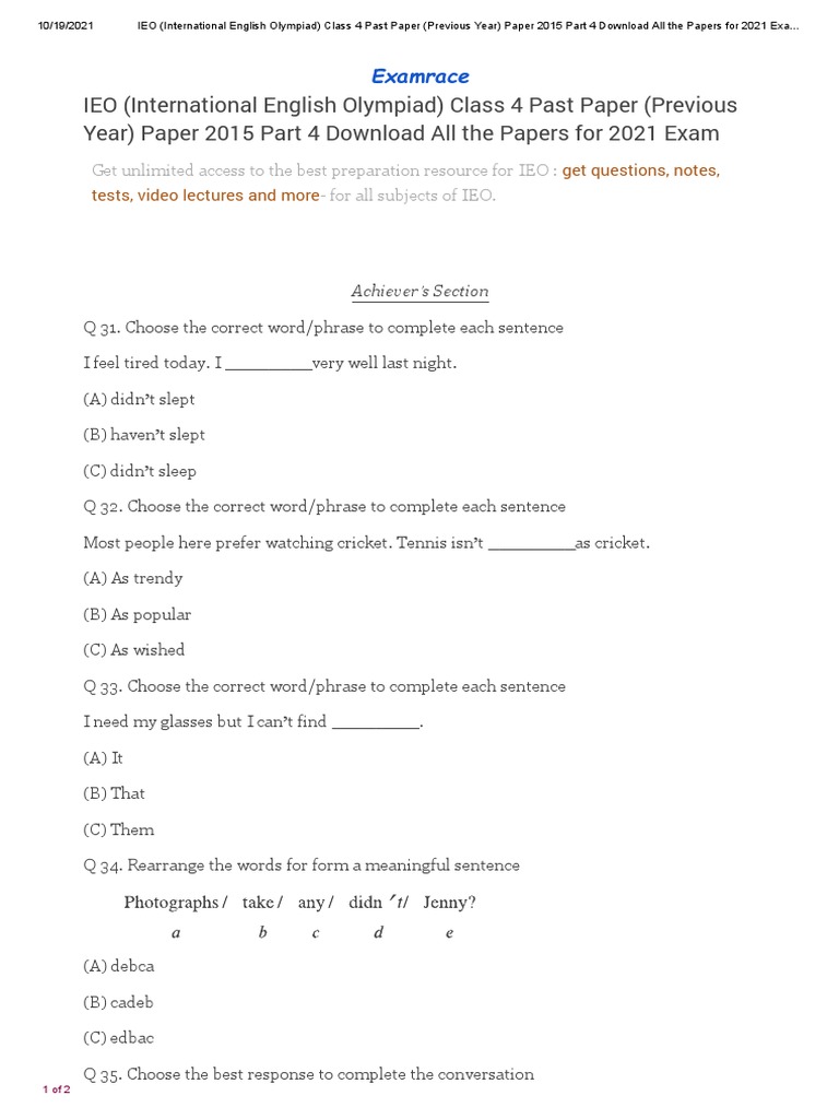 IEO (International English Olympiad) Class 4 Past Paper (Previous Year ...