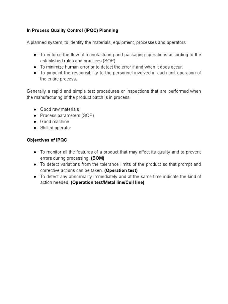 In Process Quality Control (IPQC) Planning | PDF | Troubleshooting | Leak