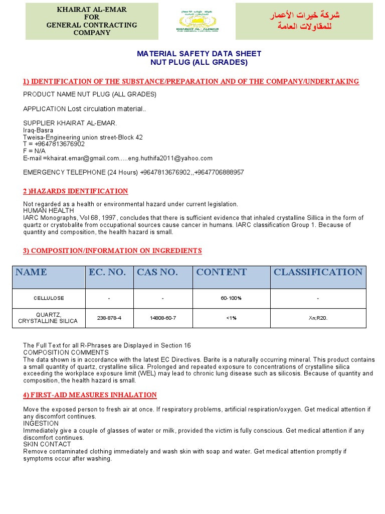 MSDS - Nut Plug1 | PDF | Occupational Safety And Health | Chemistry