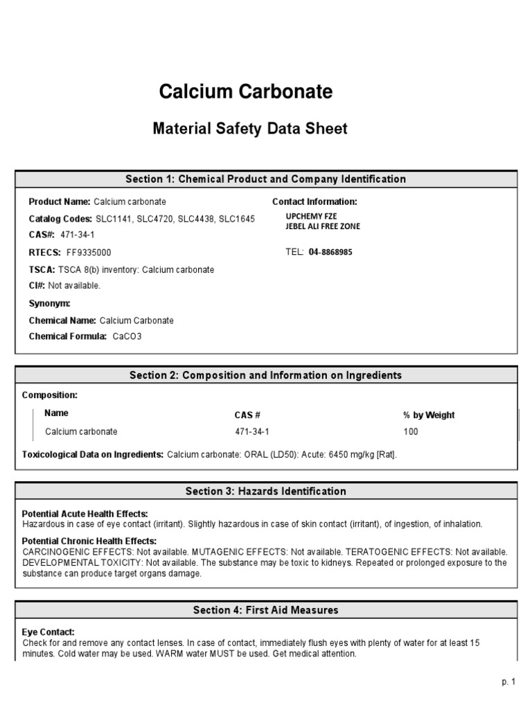 Calcium Carbonate: Material Safety Data Sheet | PDF | Toxicity | Chemistry