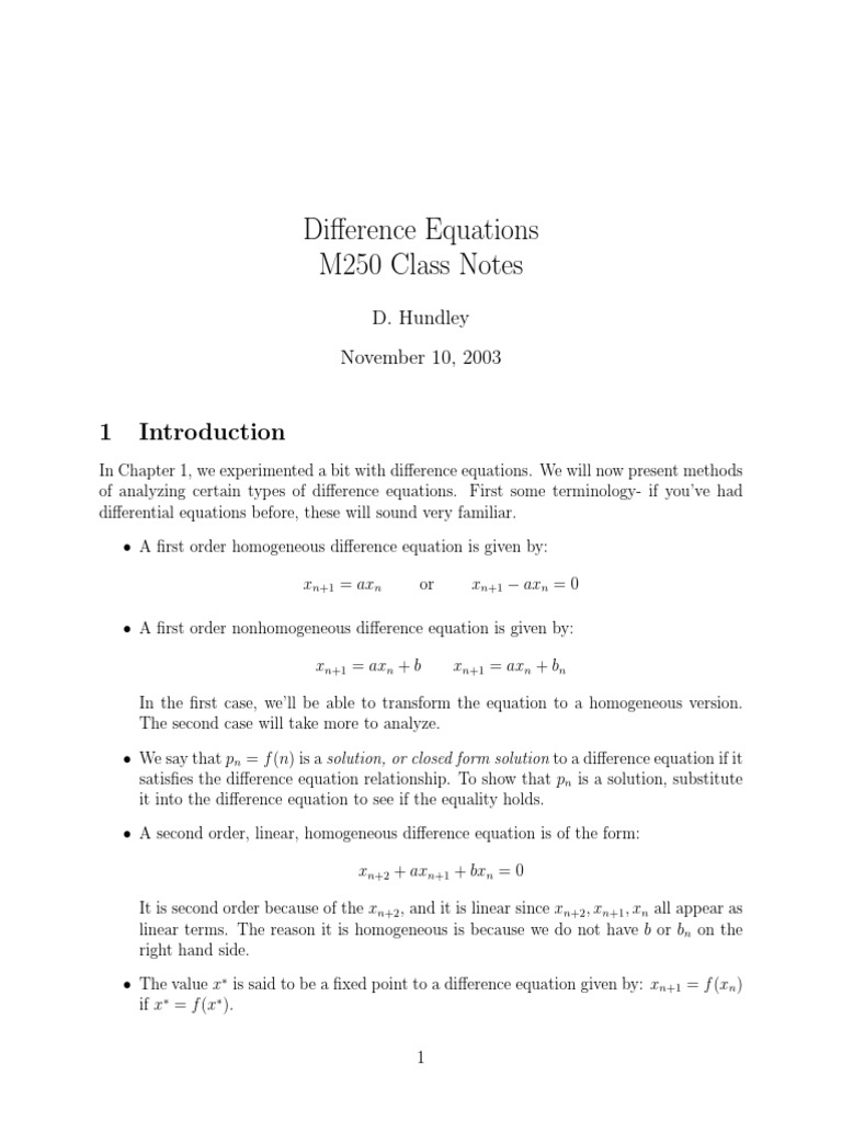Difference Equations Class Notes | PDF | Recurrence Relation | Equations