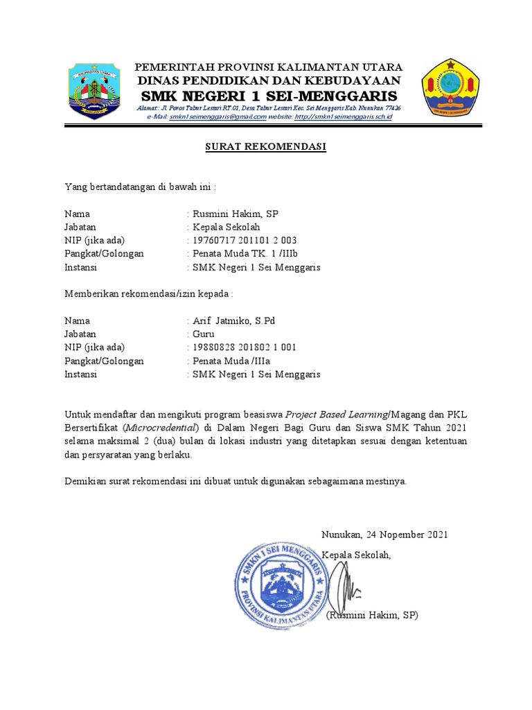 Surat Rekomendasi Kepsek Magang Guru | PDF
