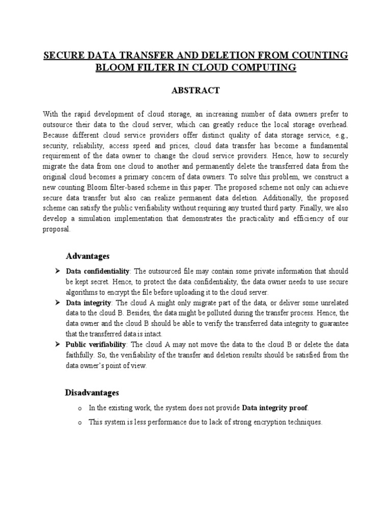 Secure Data Transfer and Deletion From Counting Bloom Filter in Cloud Computing. | PDF ...