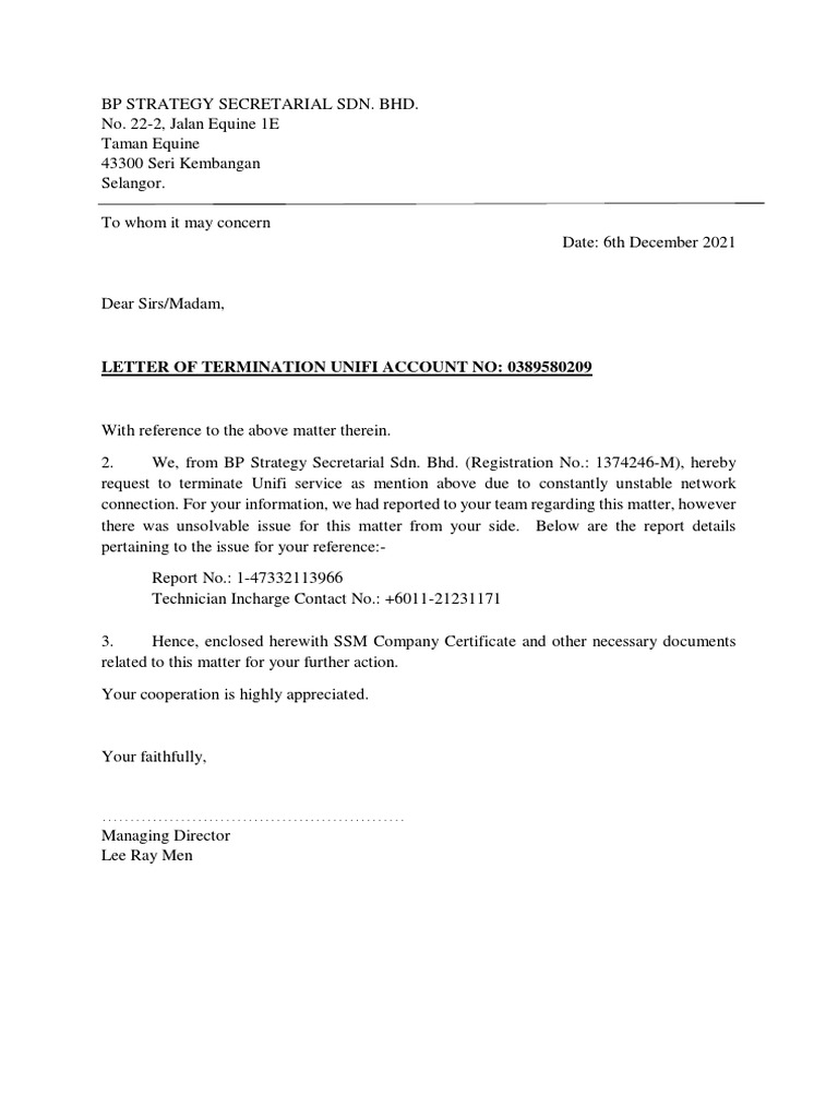 Unifi Termination Letter | PDF