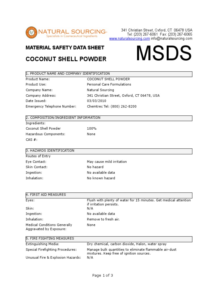 MSDS Coconut Shell Powder | PDF | Water | Firefighting