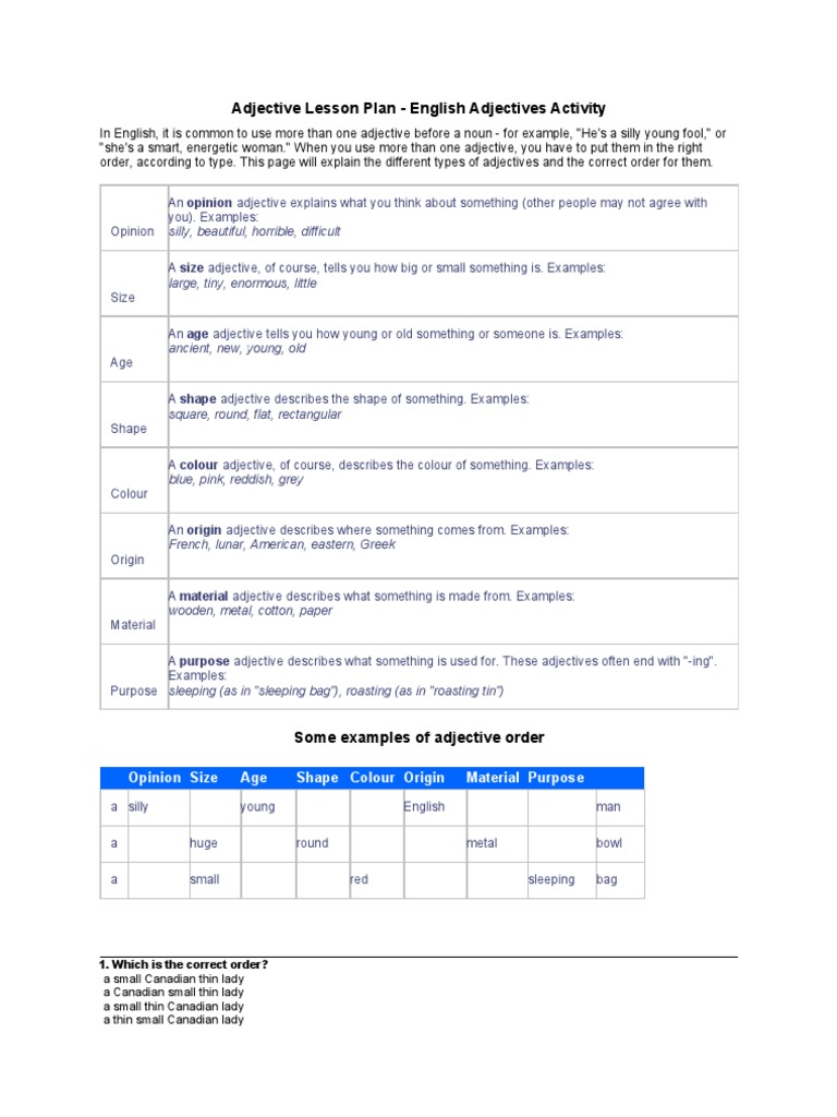 Adjective Lesson Plan | PDF | Adjective | Syntactic Relationships