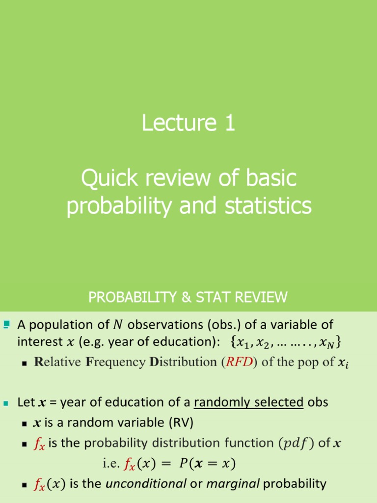 Econometrics - Lecture 1 Review of Basic Probability and Statistics | PDF | Variance ...
