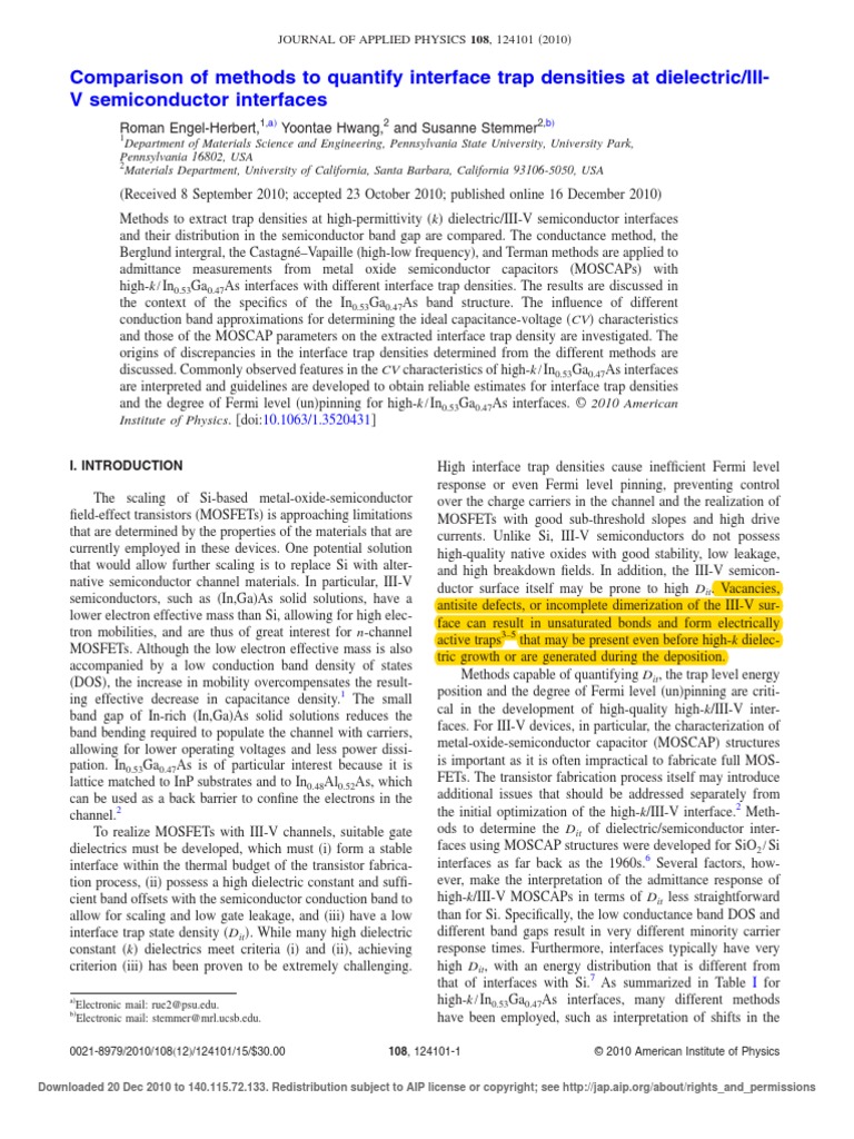 比較Interface trap density (DIT) 的好文章 | PDF | Mosfet | Field Effect ...