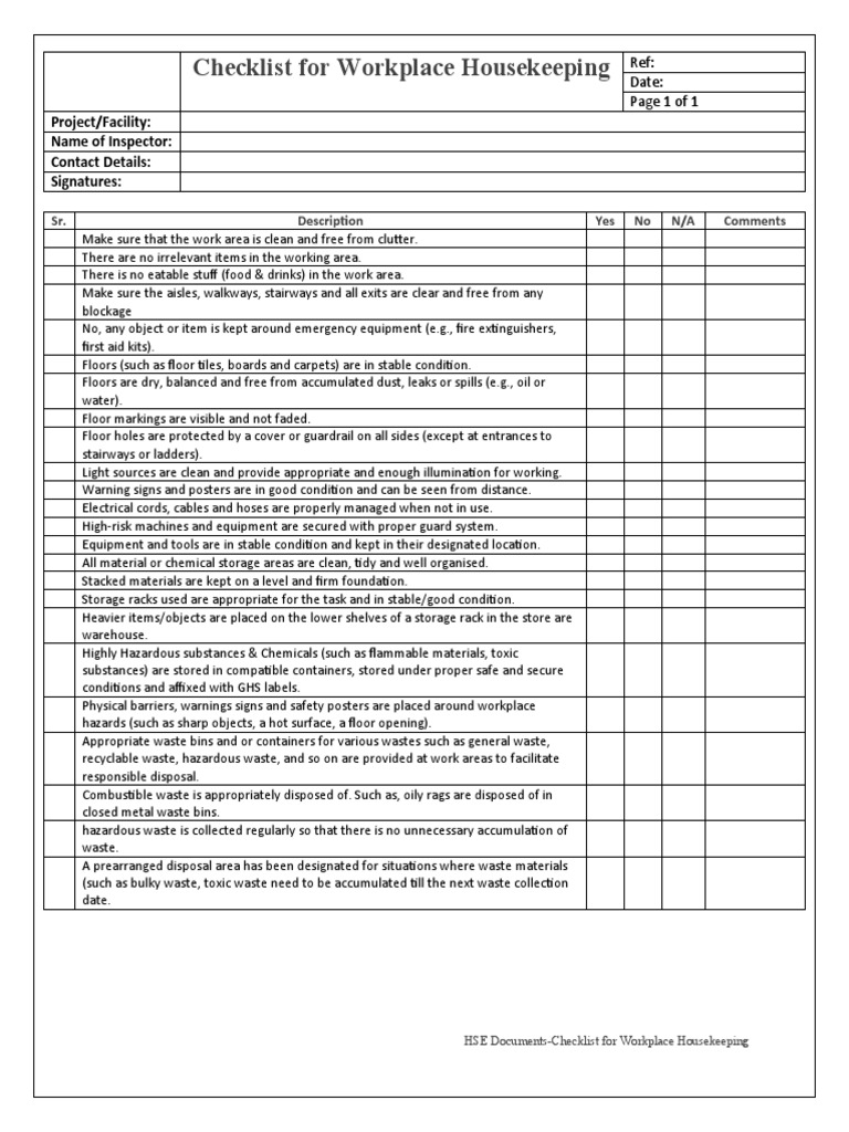 Checklist For Workplace Housekeeping | PDF | Waste | Housekeeping