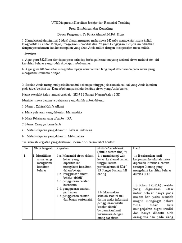 2020 UTS Diagnostik Kesulitan Belajar Dan Remedial Teaching | PDF